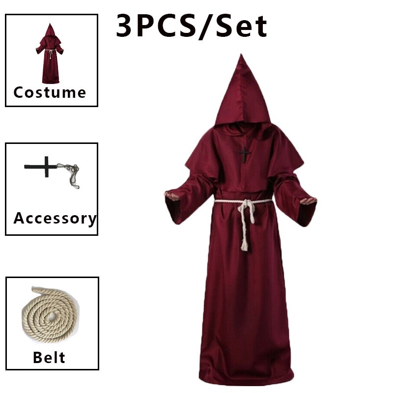 พระภิกษุในยุคกลาง Hooded Priest Robe Wizard ฮาโลวีนคอสเพลย์เครื่องแต่ง ...