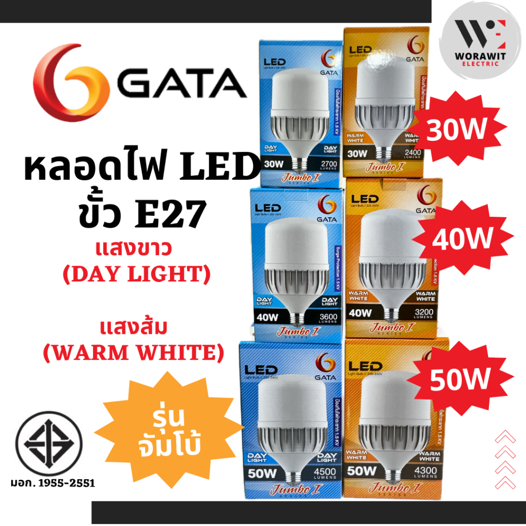GATA หลอดไฟ LED 20W, 30W, 40W และ 50W แสงขาวและแสงส้ม หลอดขั้ว E27 หลอดแอลอีดี ทรงกลม รุ่น JUMBO ...