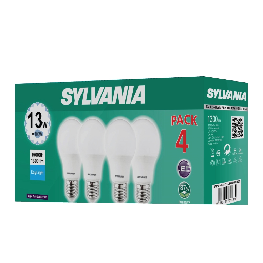 [แพ็ค 4 สุดคุ้ม ] SYLVANIA หลอดไฟแอลอีดี รุ่น ToLEDo Basic Plus A60 13W ...