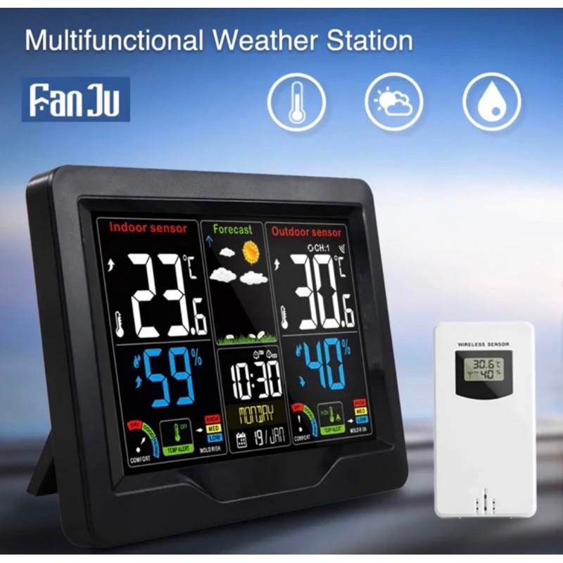 FanJu FJ3383C สภาพอากาศสีจอแสดงผลนาฬิกาดิจิตอลปลุกบารอมิเตอร์เครื่องวัด ...