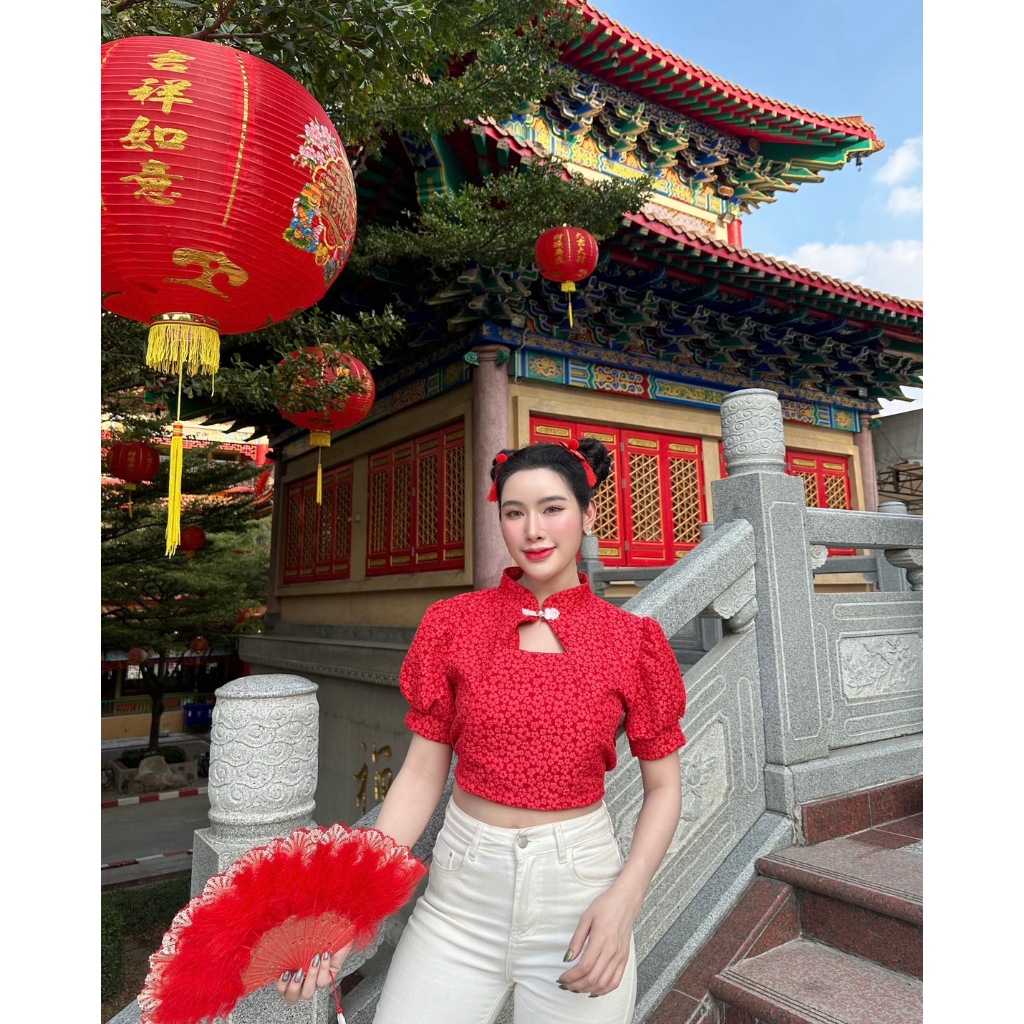 เสื้อผ้าลัคซูลายดอกคอจีนตรุษจีนกีเพ้า A2587 (ช4) | Shopee Thailand