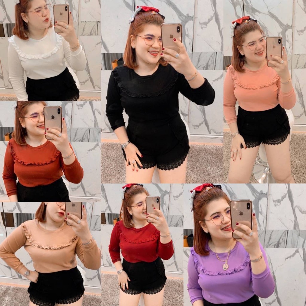 KA ไซส์จัมโบ้ ♥️เสื้อยืด คอกลม แต่งระบาย แขนยาว อก 38-48 ***สีล็อตใหม่ ...