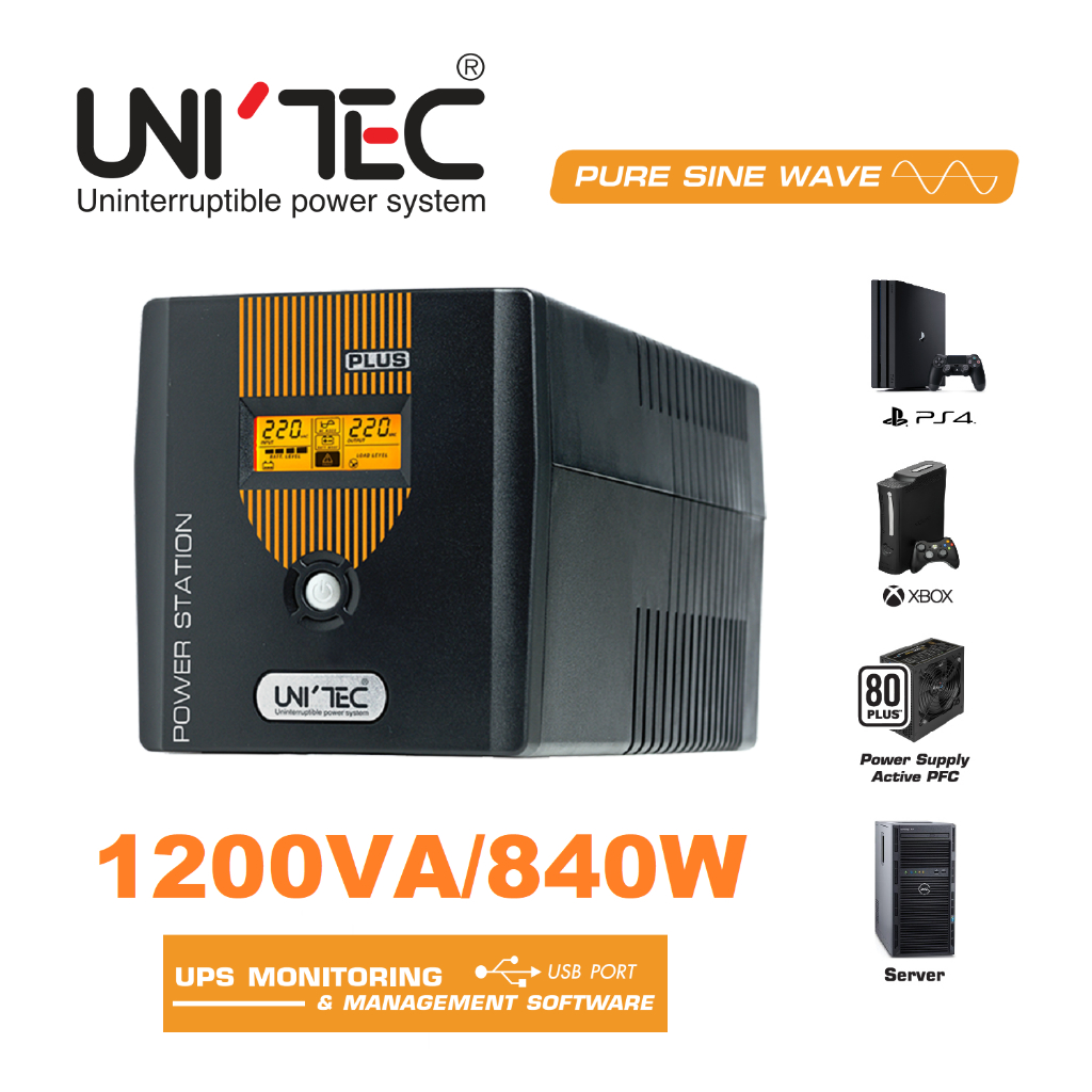 เครื่องสำรองไฟ UNITEC UPS 1200VA/840W Pure Sine Wave Line interactive with stabilizer ประกัน2ปี ...