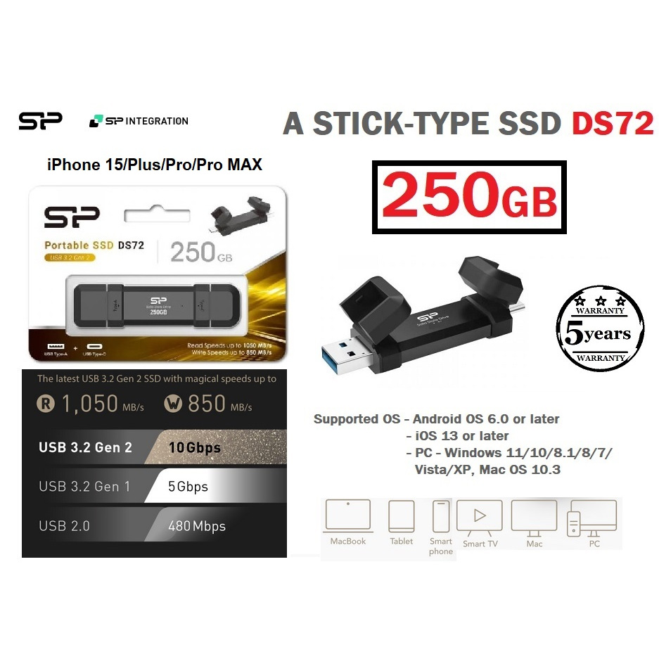 Silicon Power Portable SSD รุ่น DS72 USB 3.2 Gen 2,Type-A and Type-C ,Read 1050MB/s Write 850MB ...