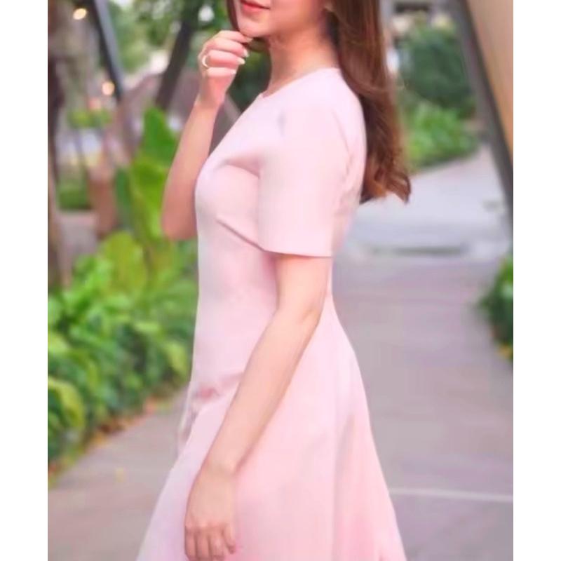 G2000 เดรสแขนสั้นสีชมพูพาสเทลทรงเข้ารูป FIT AND FLARE (มีกระเป๋าด้านข้าง) | Shopee Thailand