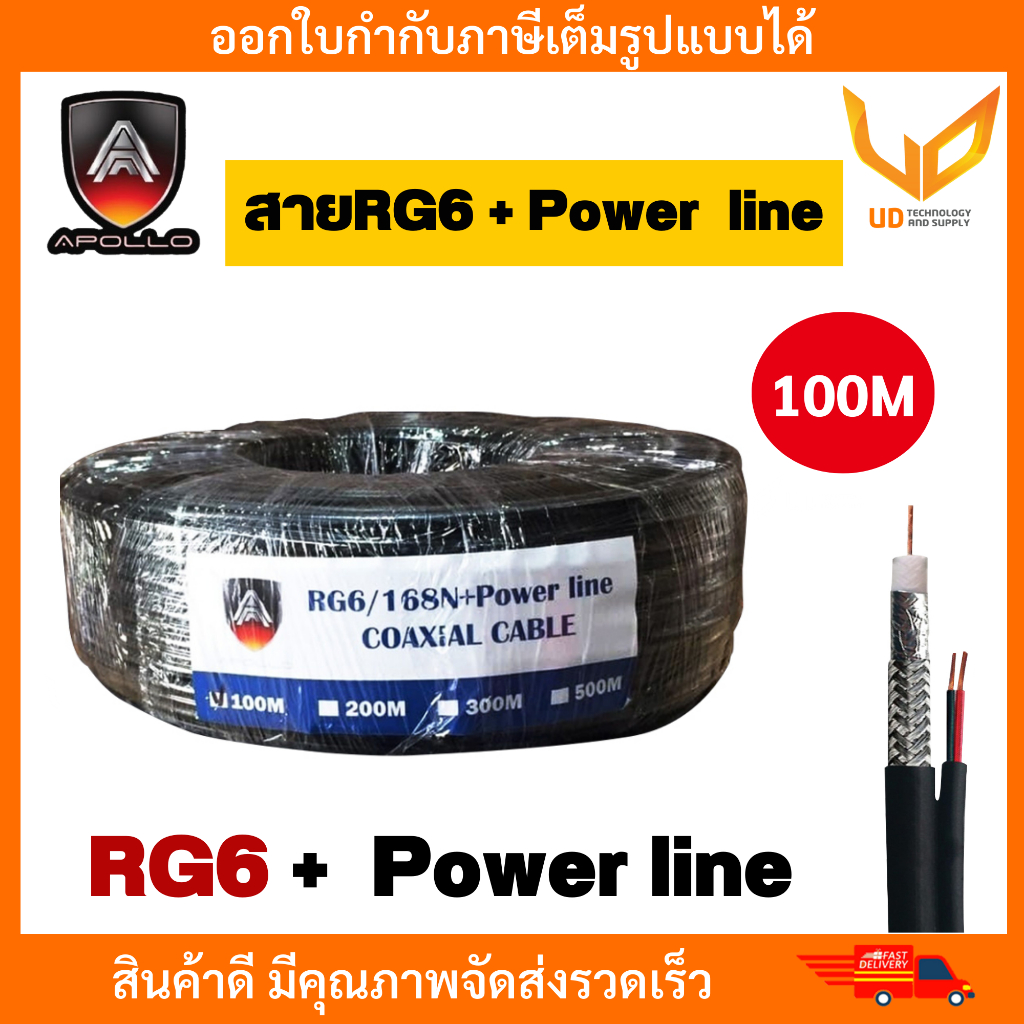 APOLLO สาย RG6+Power (ชิลด์ 95%) มีสายไฟ ใช้สำหรับกล้องวงจรปิด ม้วน 100 ...