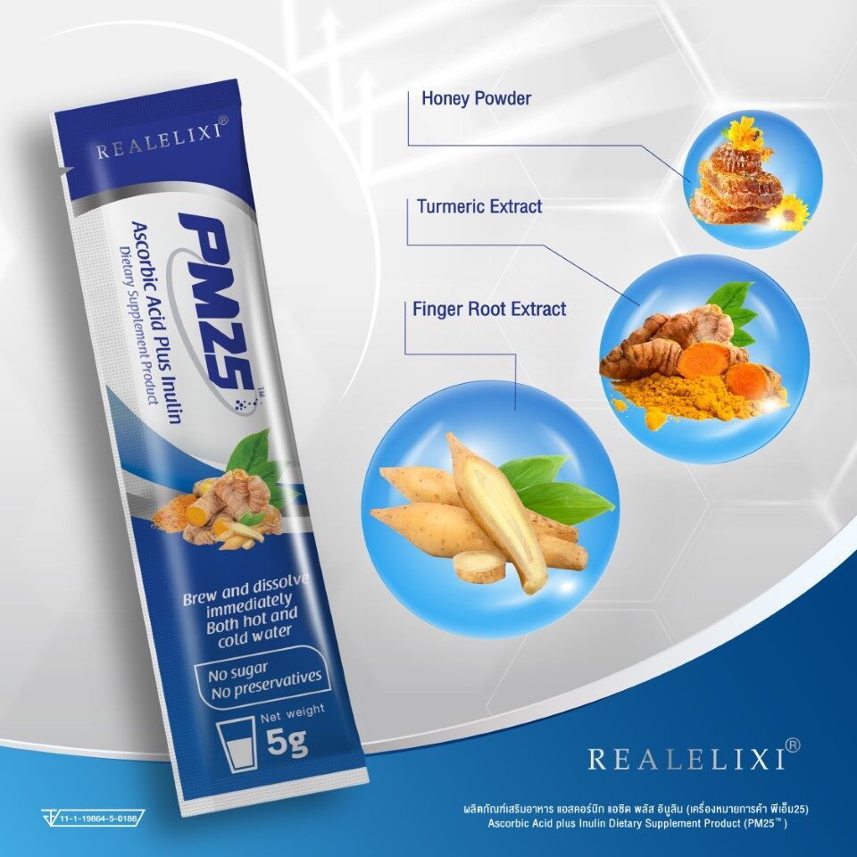 Real Elixir PM 2.5 ASCORBIC ACID PLUS LNULIN 5G. จำนวน 1 ซอง ป้องกันไข้หวัดบรรเทาภูมิแพ้ ฝุ่น ...