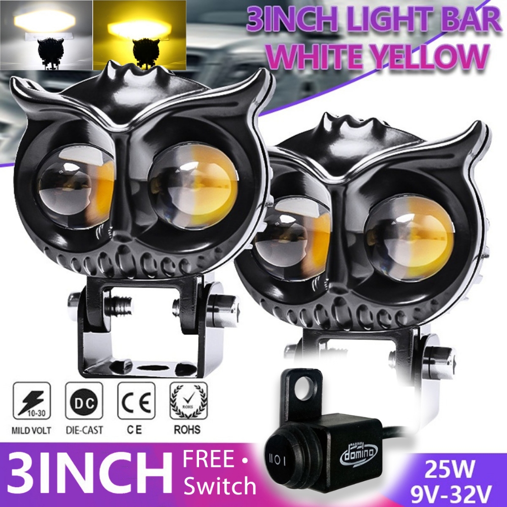 2PCS Mini Owl Driving Light Motorcycle LED สูงลำแสงต่ำสีสองสี 6000K สี ...