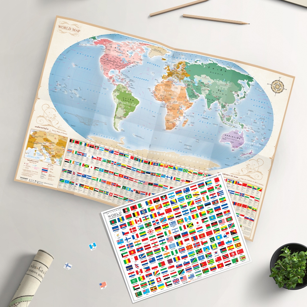 แผ่นพับแผนที่โลก 2 ภาษา 2 รูปแบบ Folded Paper Poster: Duo Bilingual World Map | Shopee Thailand