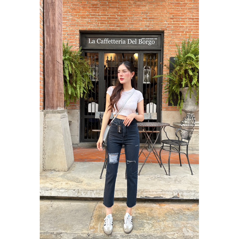 S-38 atom jeans กางเกงยีนส์ทรงบอยสีดำสโนว์ แต่งขาด ผ้าไม่ยืด ความยาว 37 ...