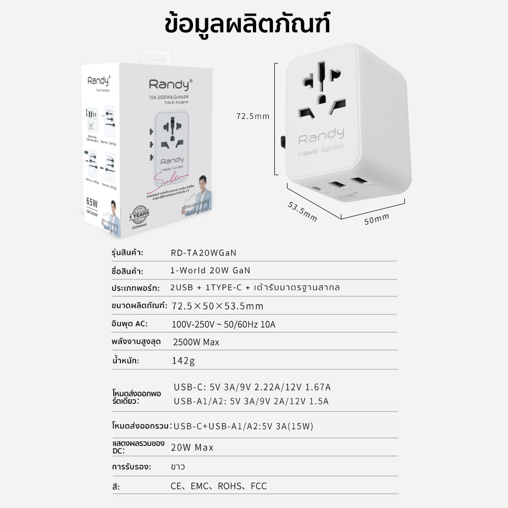 RANDY Adapter GaN65W & GaN20W หัวแปลงปลั๊กไฟ Universal Travel Adapter ...