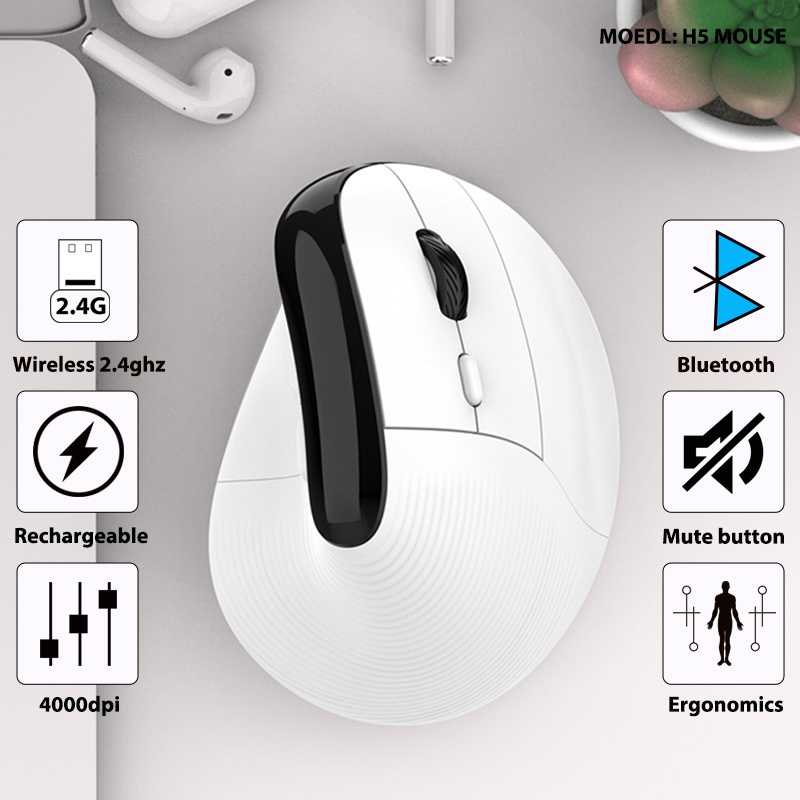 XUNFOX H5 เมาส์ไร้สายแบบแนวตั้ง 2.4g+BT5.1 โหมดคู่ Wireless 2.4g ...