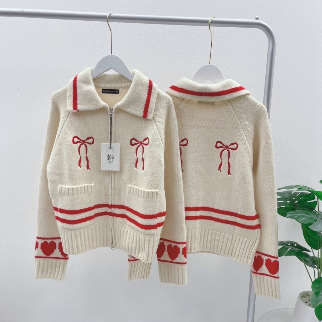 Ronron Ribbon Zip Sweater (Beige/Red) | Shopee Thailand