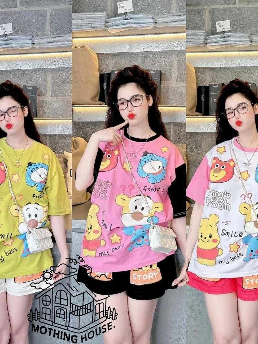 S189-ชุดเซ็ท2ชิ้นแขนสั้น พิมพ์ลายน้องหมีการ์ตูน | Shopee Thailand