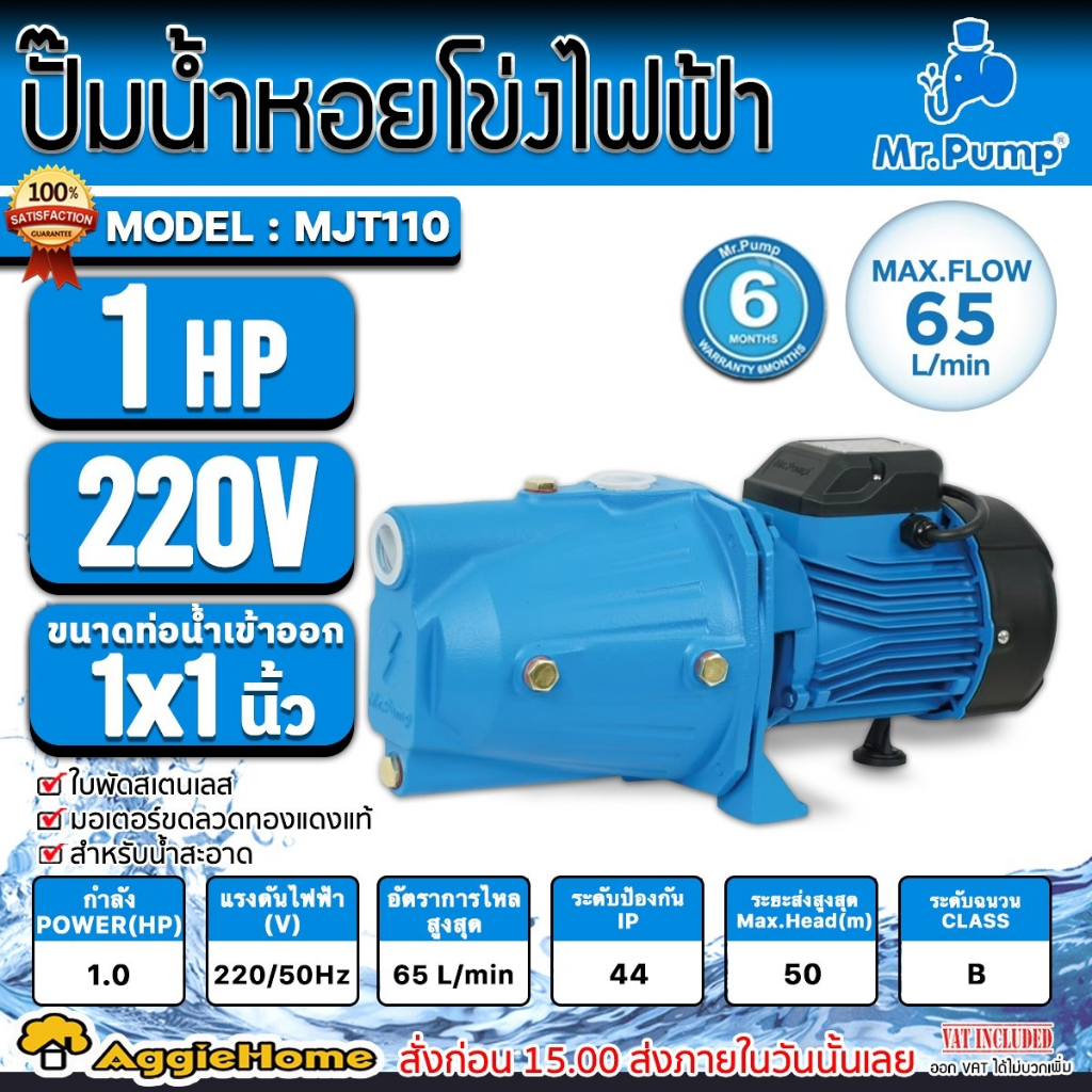 MR.PUMP ปั๊มน้ำไฟฟ้า ปั๊มหอยโข่ง แบบเจ็ทเดี่ยว รุ่น MJT110 กำลัง 1HP / ท่อออก 1"x 1" / 220V ...