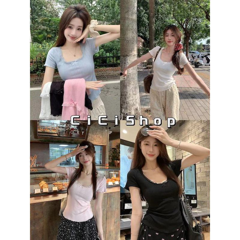 Cicishop(H93110)เสื้อแขนสั้นคอยู แต่งขอบลูกไม้ สไตล์มินิมอล ตะเร้กตะน้อย | Shopee Thailand