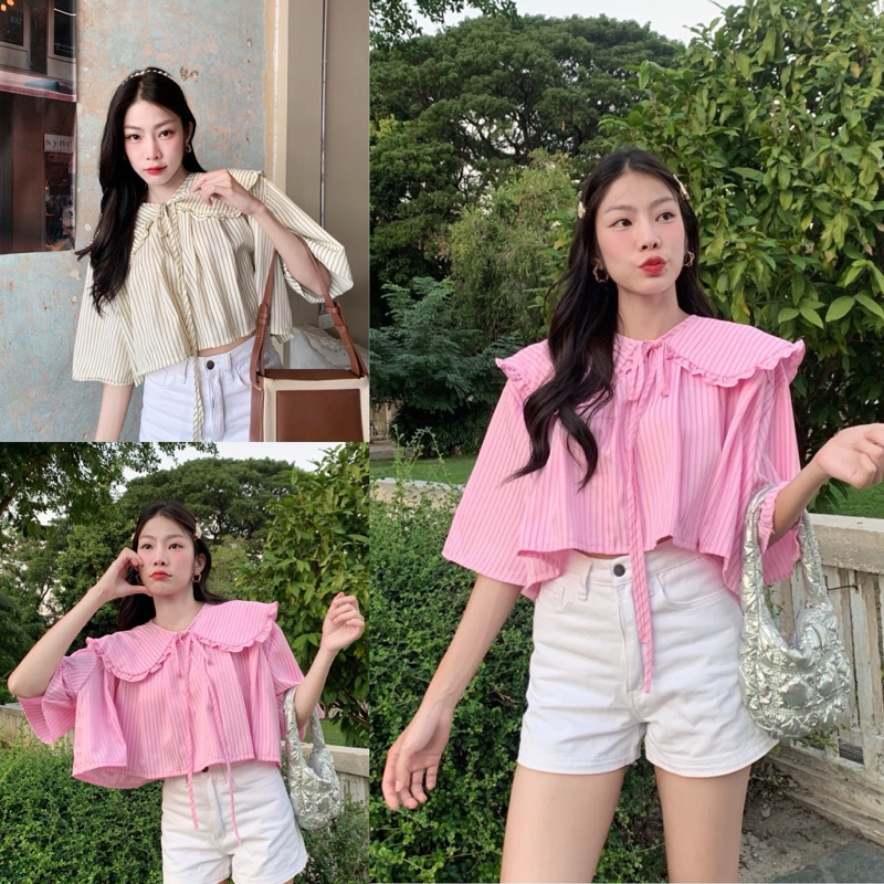 Judy top เสื้อคอปกผูกโบ เป็นจีบรอบตัว สุดคิ้วท์🫶🏻 | Shopee Thailand