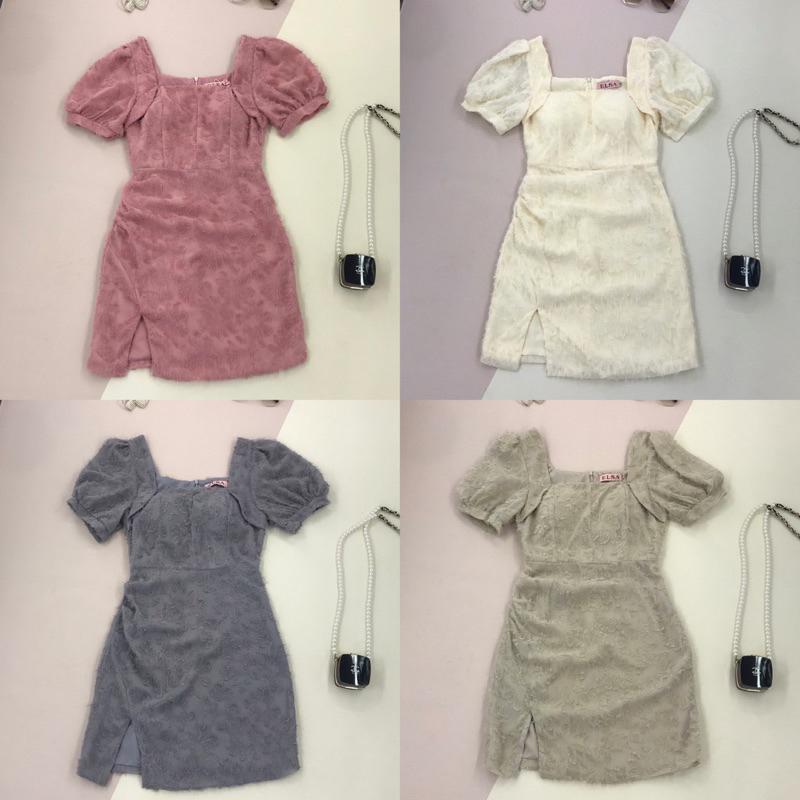 [ELSA] Y027 ชุดเดรสกระโปรงคอเหลี่ยมแขนตุ๊กตาดีเทลขนนก เรียบหรูดูแพง ใส่ ...