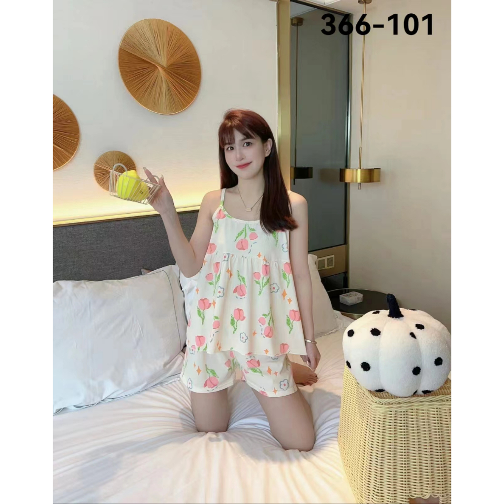 พิมพ์ลายน่ารัก เซ็ตชุดนอนกางเกงขาสั้น ชุดนอนหลวมๆ ของผู้หญิง ที่สาวอ้วนก็ใส่ได้ ลายน่ารักๆ ผ้า ...