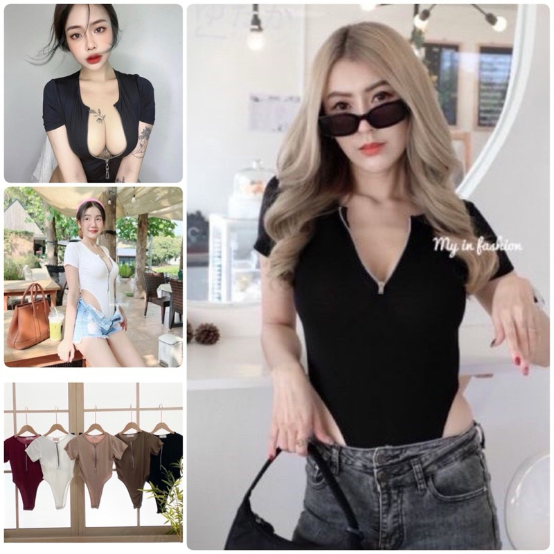 Looktoomshop #bs25 บอดี้สูทแขนสั้น ซิปหน้า เป้าแป๊ะ แกะได้ ผ้าเรย่อน ยืดได้เยอะ | Shopee Thailand