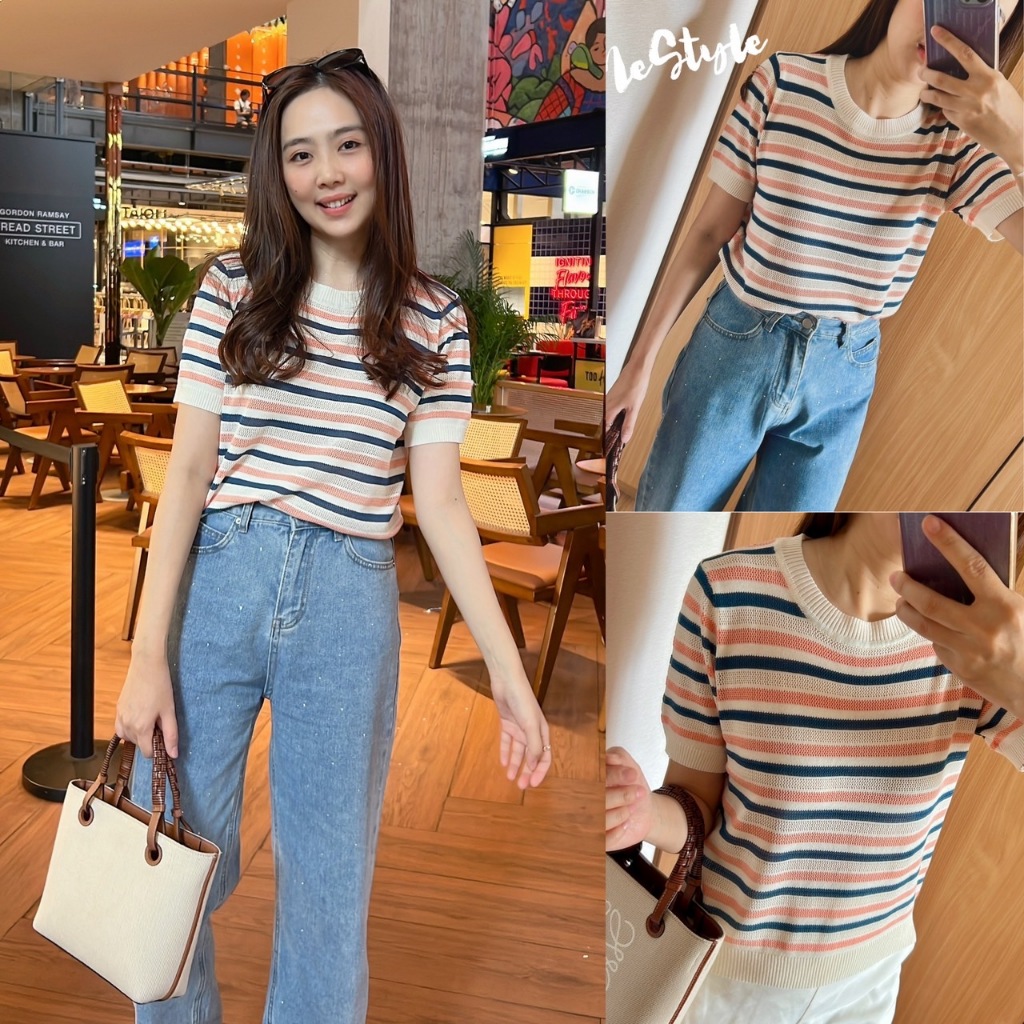 Peach knit top 450.- เสื้อสีพีชตัดกรมท่า ดีงามจริงๆค่า เนื้อไหมพรม ...