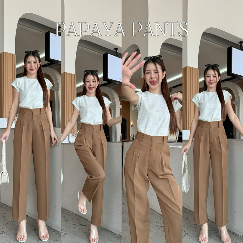 PAPAYA PANTS กางเกงทำงานเอวสูง ขากระบอกเล็กผ้าเปเป้ จับจีบเล็กน้อยกำลัง ...