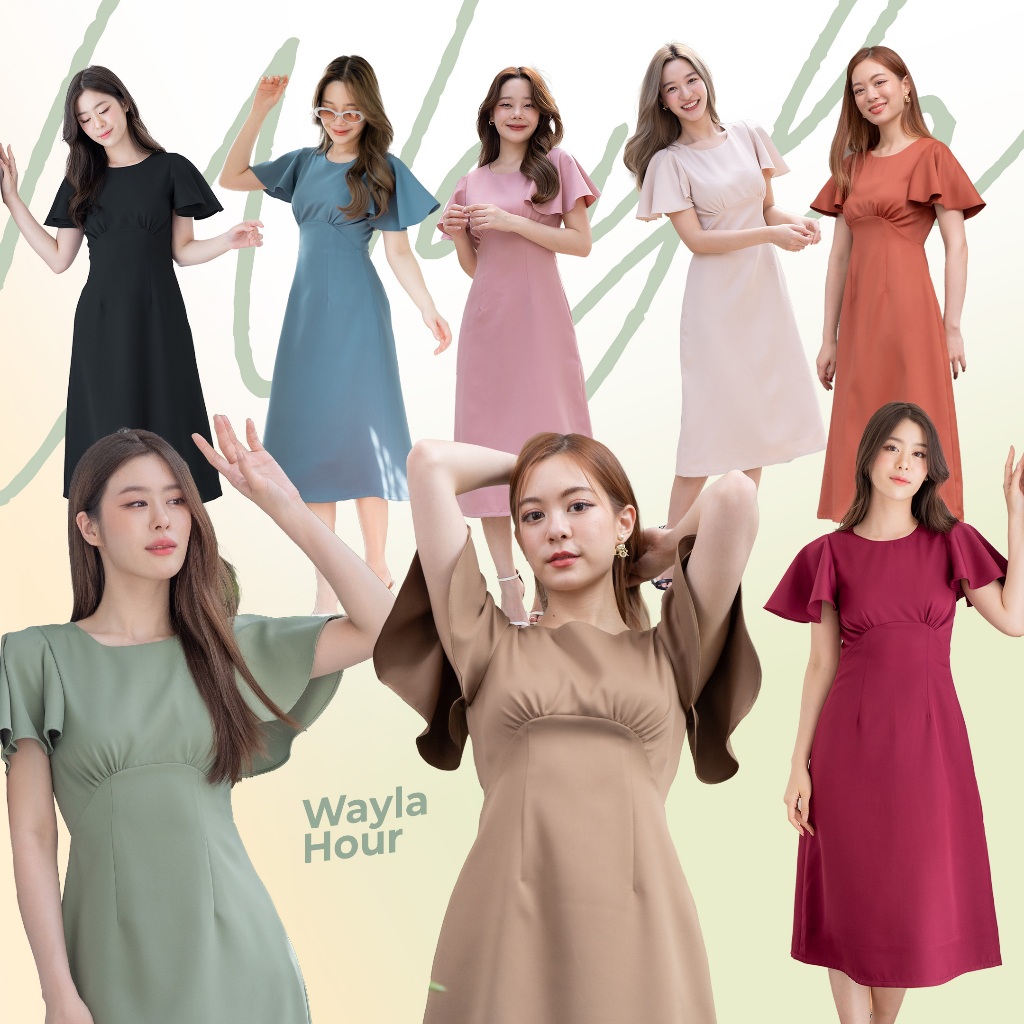 WAYLA Hour - เดรสแขนพลิ้วทรงเอ (Bright/Blue/Ruby/Blush/Dark/Brownie ...