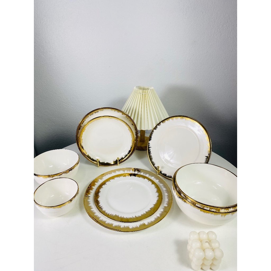 (New collection พร้อมส่ง) Luxury gold dinner set ชุดเข้าเซท จานสีขาวขอบ ...