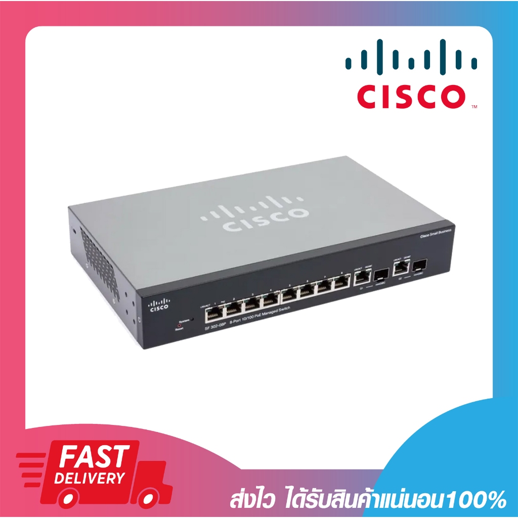 สวิตซ์แยกช่องแลน Cisco SF302-08P L3-Managed POE Switch 8 Port 10 ...