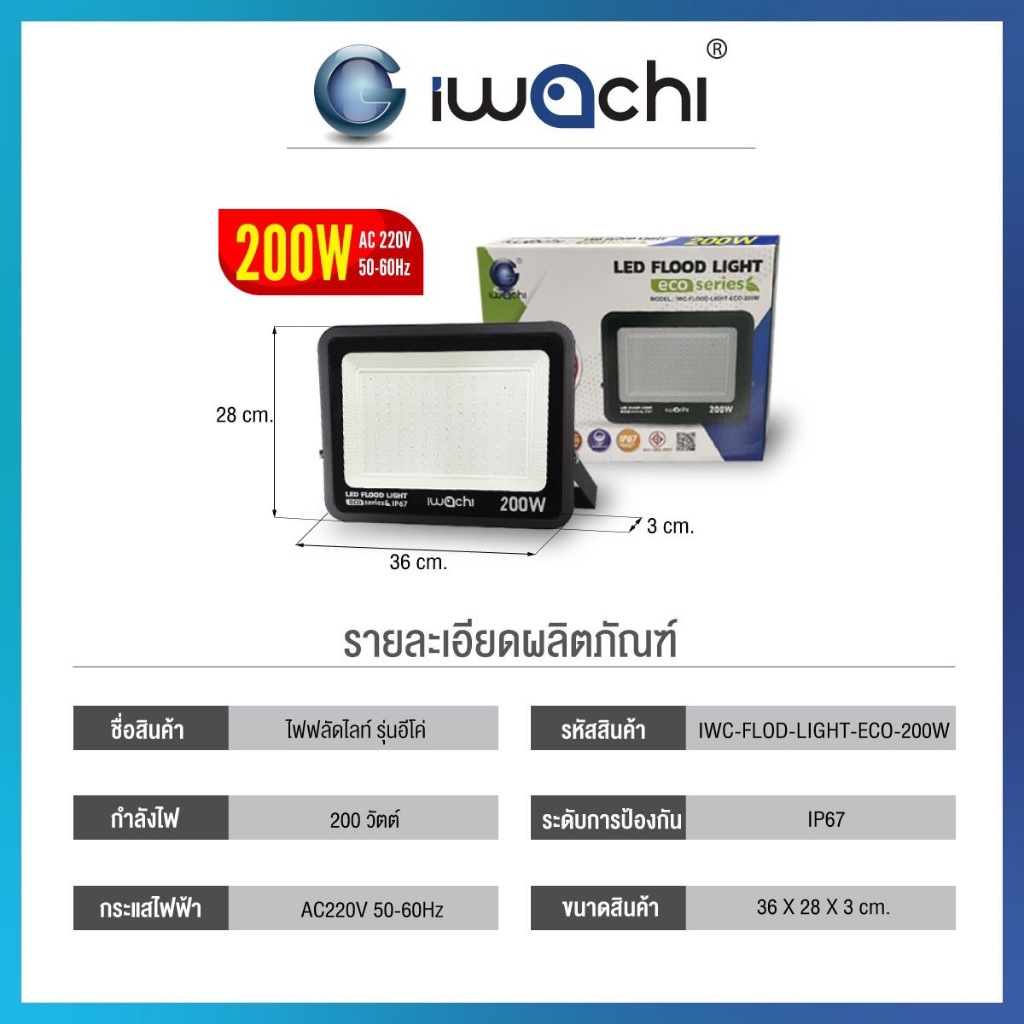 โคมไฟสปอร์ตไลท์ LED Flood Light ยี่ห้อ IWACHI ขนาด 50W 100W 200W 400W รุ่นกันน้ำ ทนแดด ไฟสว่าง ...