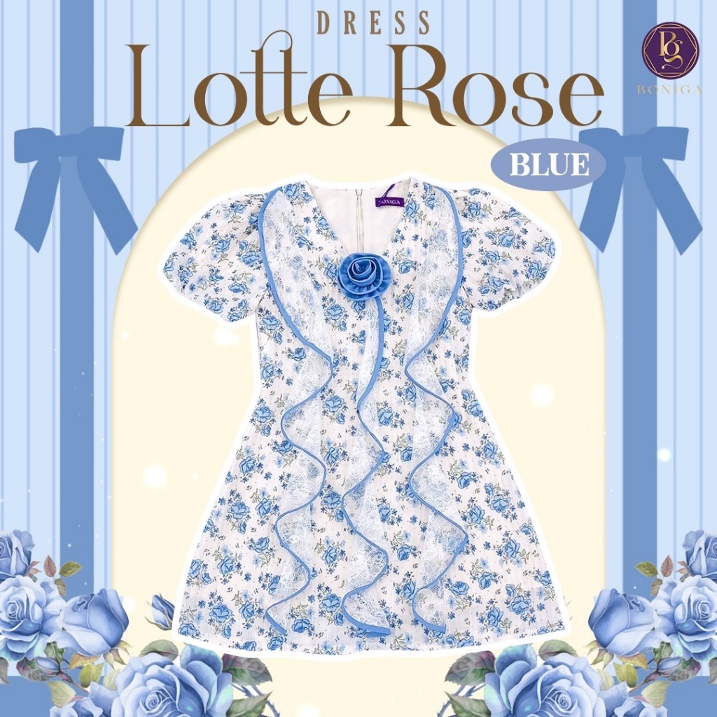 สีฟ้า(มี 3XL) Lotte Rose Dress เดรสสั้นพิมพ์ลายดอกไม้ แขนตุ๊กตาสั้น ...