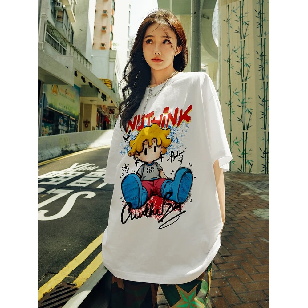 TeeTwoOne ฤดูร้อน เสื้อยืดโอเวอร์ไซส์ NUTHINK-D สไตล์เกาหลี ผ้าฝ้ายแท้ ...