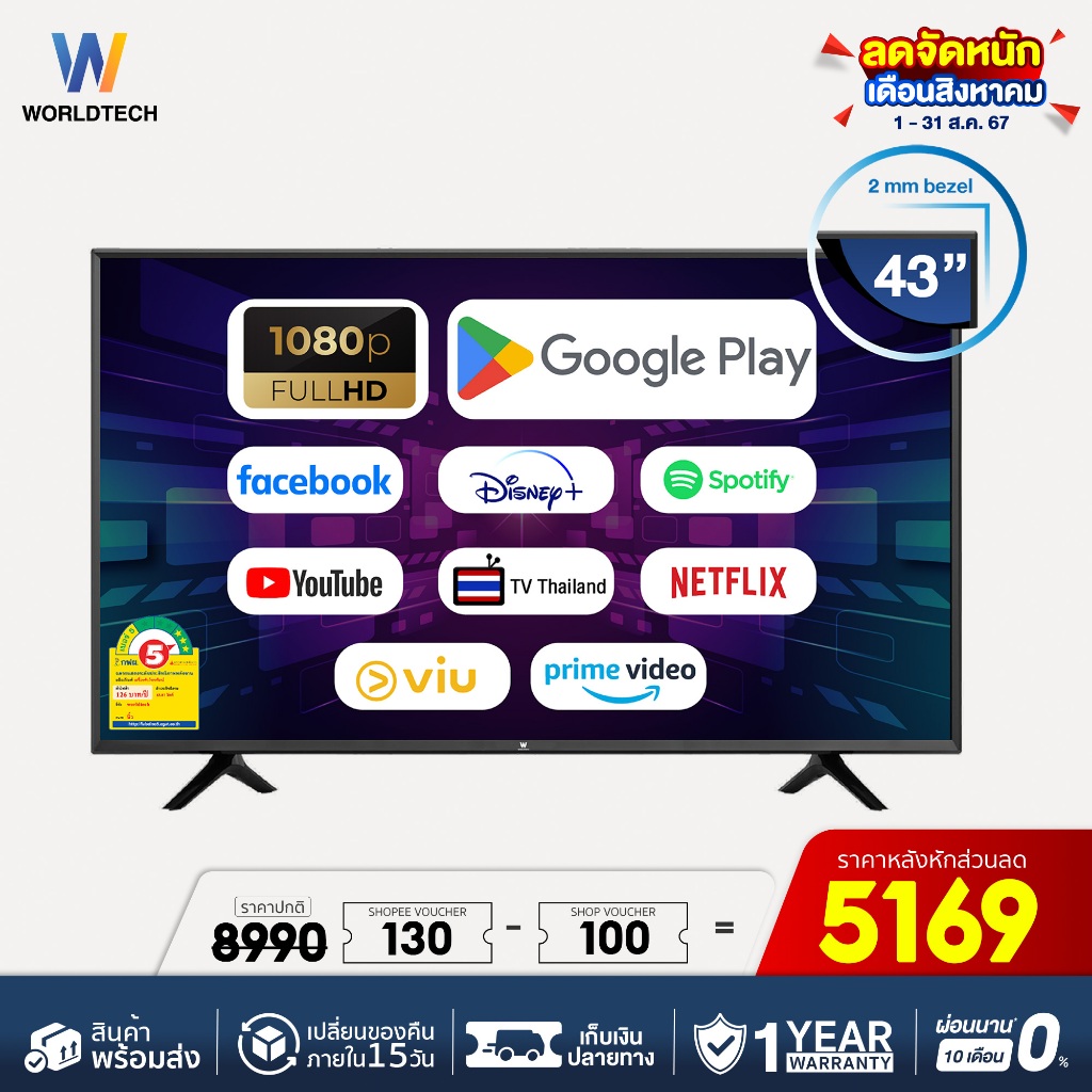 (ใช้โค้ดลดเพิ่ม) Worldtech ทีวี 43 นิ้ว แอนดรอย สมาร์ททีวี Full HD LED Wifi Netflix YouTube ...
