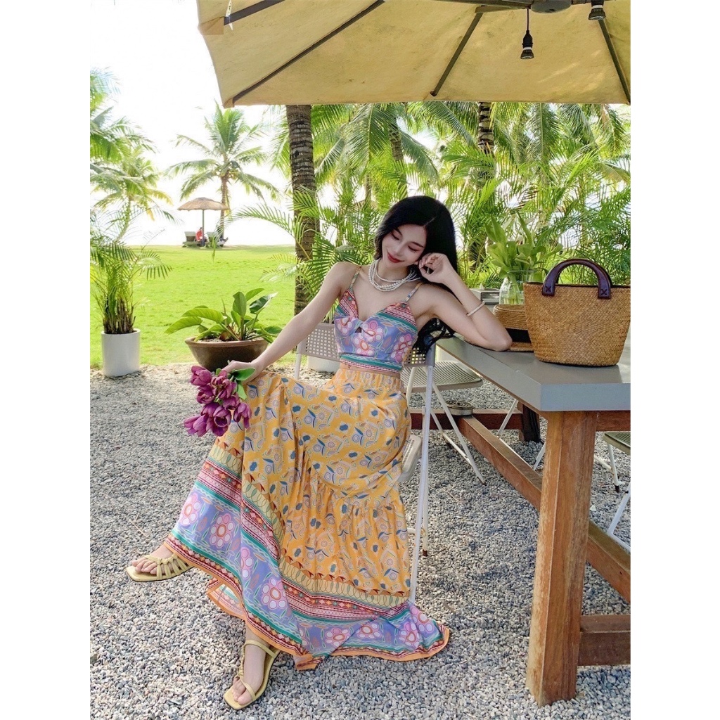 เซ็ต 2ชิ้น เสื้อครอปสายเดี่ยว กระโปรงยาว สไตล์โบฮีเมี่ยนซัมเมอร์ vanida | Shopee Thailand