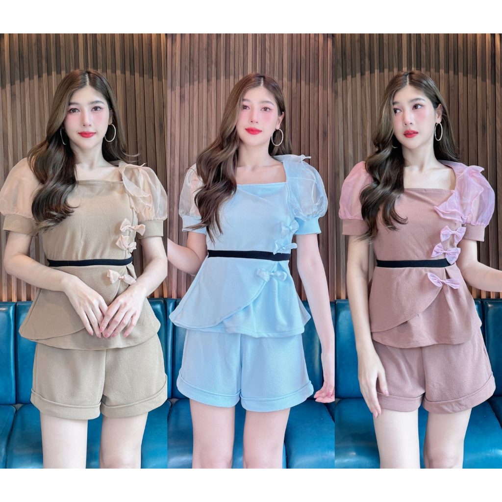 ชุดเซตผ้าผ้าวูลเวฟ เสื้อแขนแต่งผ้าแก้วแต่งโบว์ข้างผ่าข้างสม็อคหลัง ...