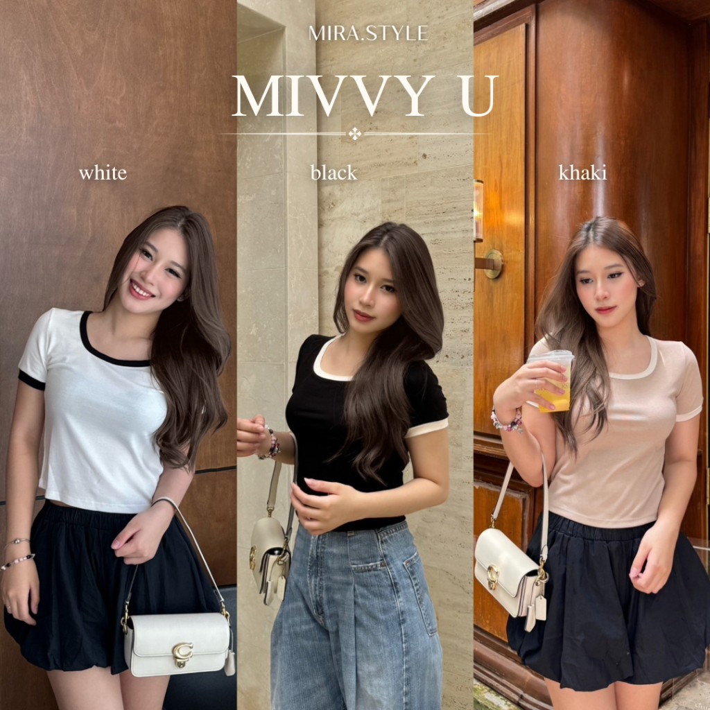 Mira Style เสื้อยืดคอตัวยู แขนสั้น แบบทูโทน ดีไซน์ตัดสีกัน สไตล์เกาหลี ...