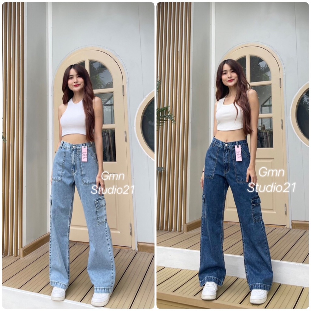 Chuu-5Kg Cargo jeans กางเกงยีนส์ขายาวคาร์โก้ | Shopee Thailand
