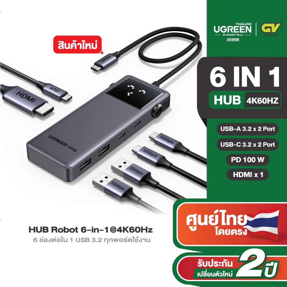 UGREEN อะแดปเตอร์ HUB Robot Type C 6-in-1 รองรับ 4K60Hz +2 USB-A 3.2+2 USB-C 3.2+PD Hub รุ่น ...