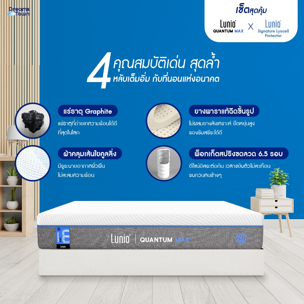 [เซ็ตสุดคุ้ม] Lunio Quantum Max ที่นอนยางพาราอัลตร้าไฮบริด มาพร้อมผ้ารองรุ่น Lunio Signature ...