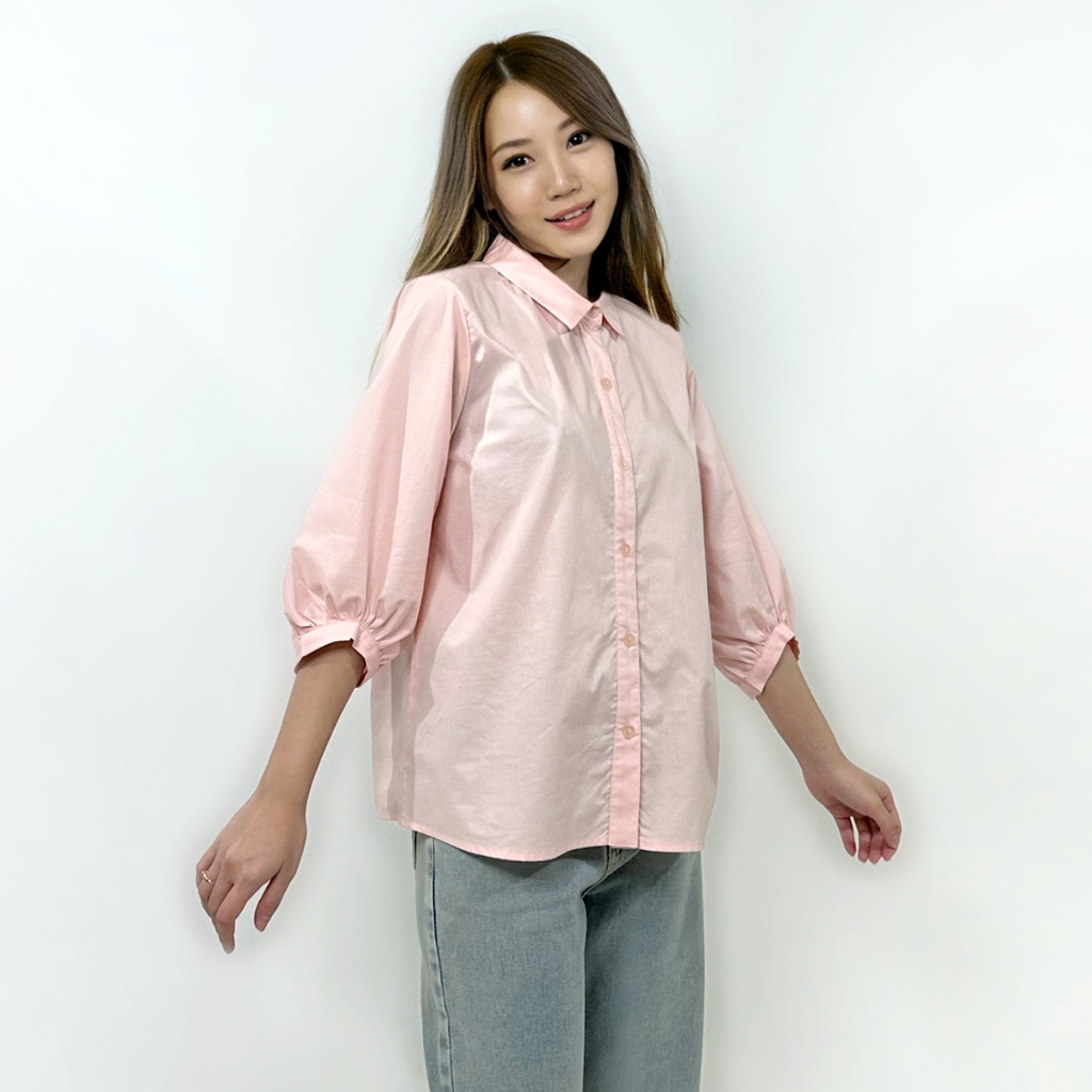Blue Corner เสื้อเชิ้ตแขนพอง สีชมพู / 3/4 Puff Sleeves Shirt (Pink) | Shopee Thailand