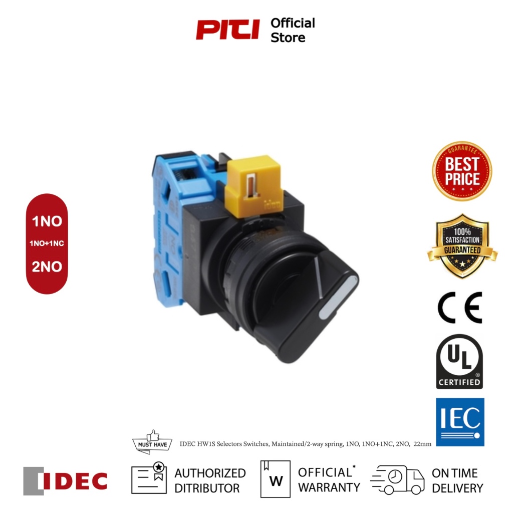 IDEC IDEC HW1S Selectors Switches, Maintained/2-way spring, 1NO, 1NO ...