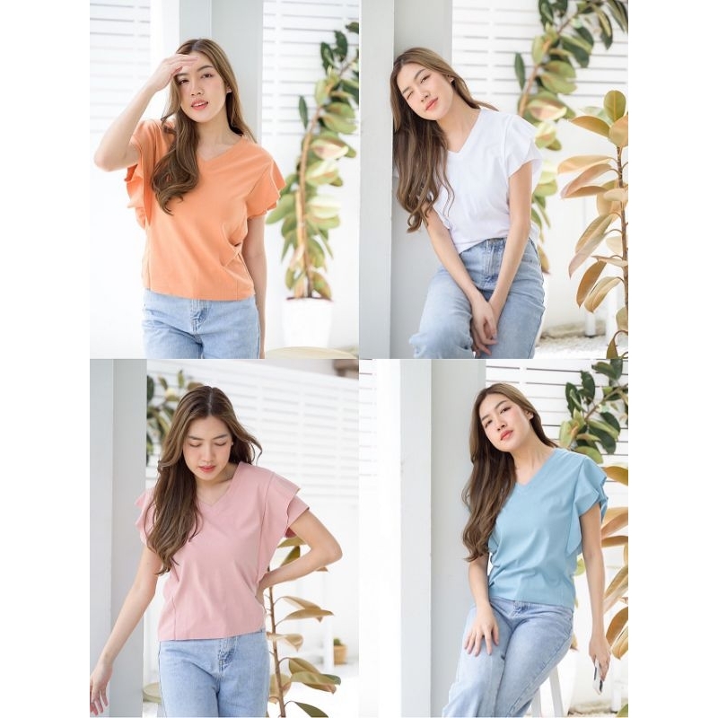 Mytop เสื้อแฟชั่น G117 เสื้อคอวี แต่งระบายแขนสองชั้น งานสวยไซร้ใหญ่ ใส่ ...