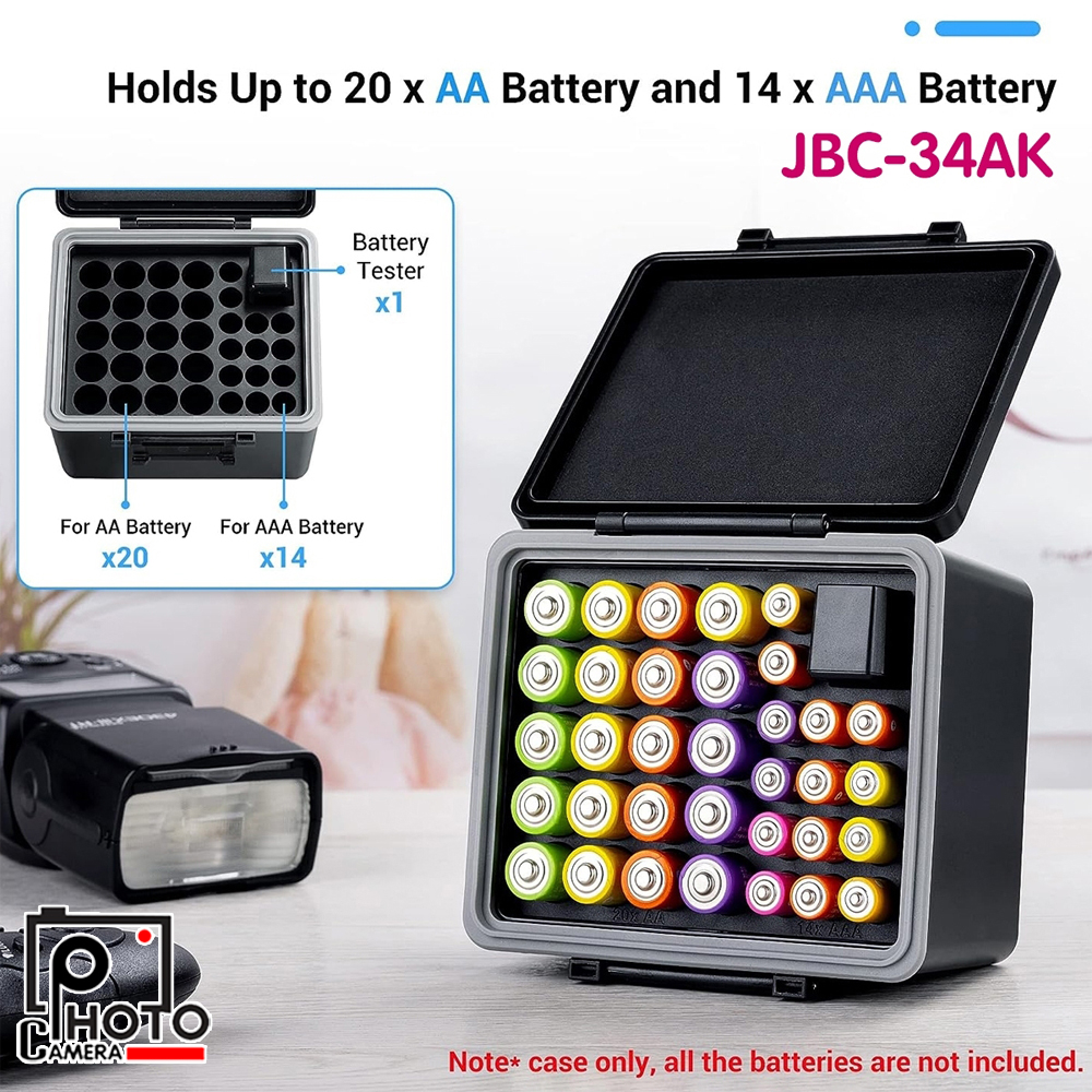 JJC JBC-34AK กล่องเก็บแบตเตอรี่ความจุสูง พร้อมเครื่องทดสอบพลังงาน AA x20 + AAA x14 ก้อน (กล่อง ...