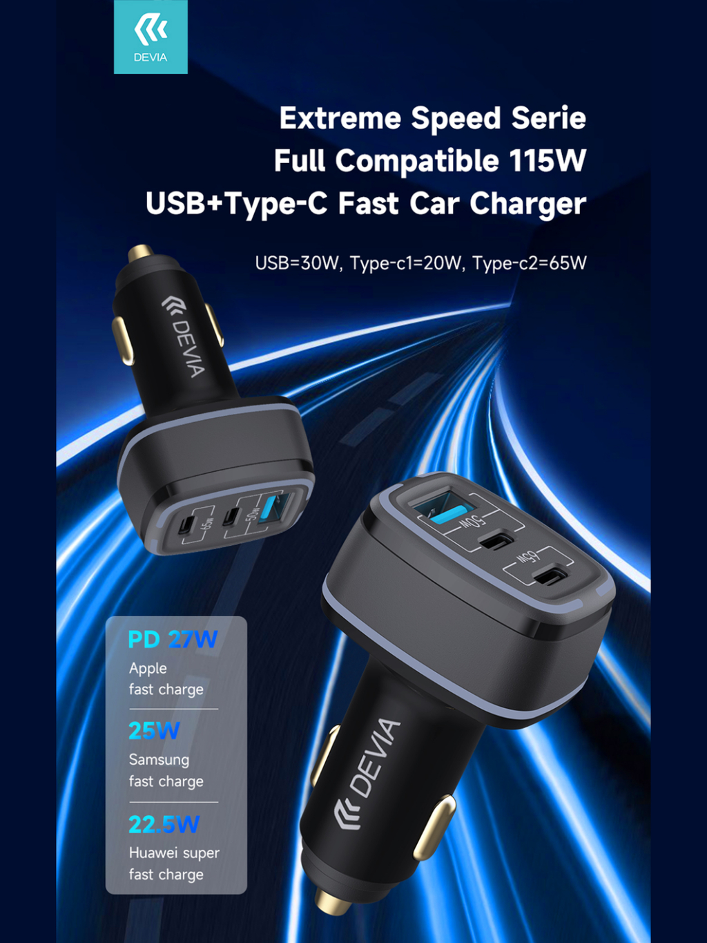 Devia - หัวขาร์จในรถ ชาร์จเร็ว Full Compatible 115W USB+2C Fast Car ...