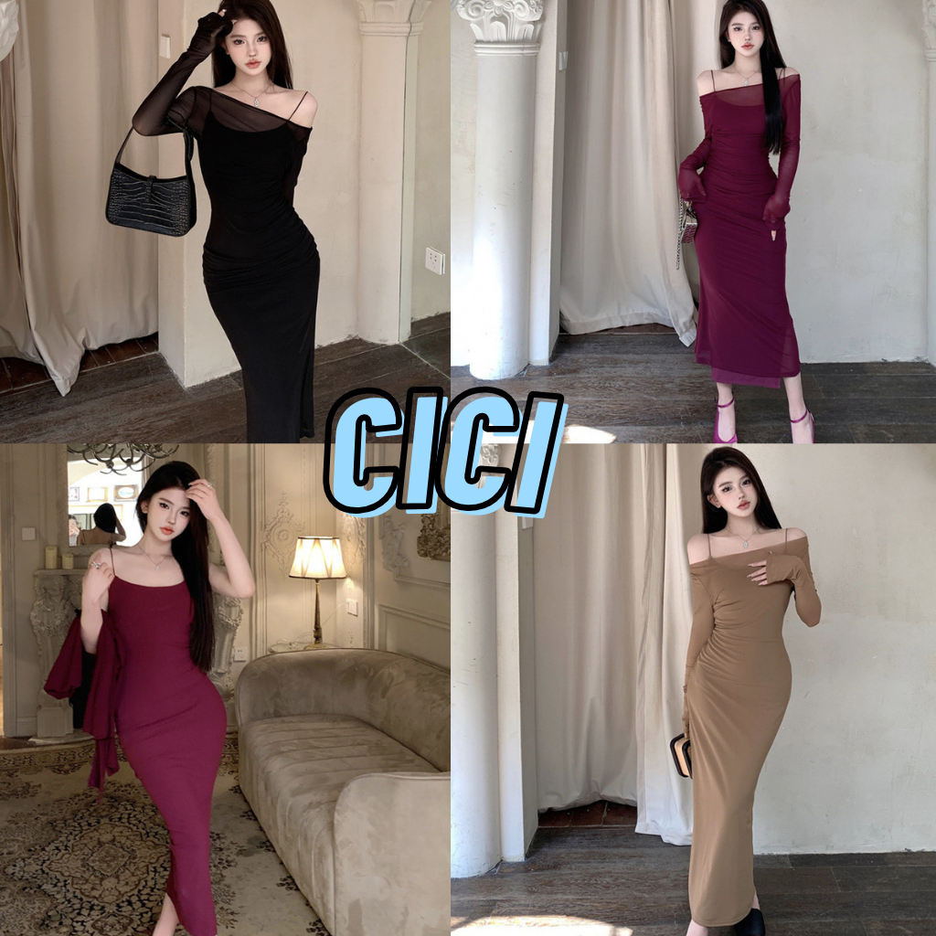 Cici(NO.256)SET 2 ชิ้น เดรสสายเดี่ยว+เสื้อคลุมแขนยาว หรูหรา สไตล์ฝรั่งเศษย้อนยุค ใส่แล้วดูแพง ...