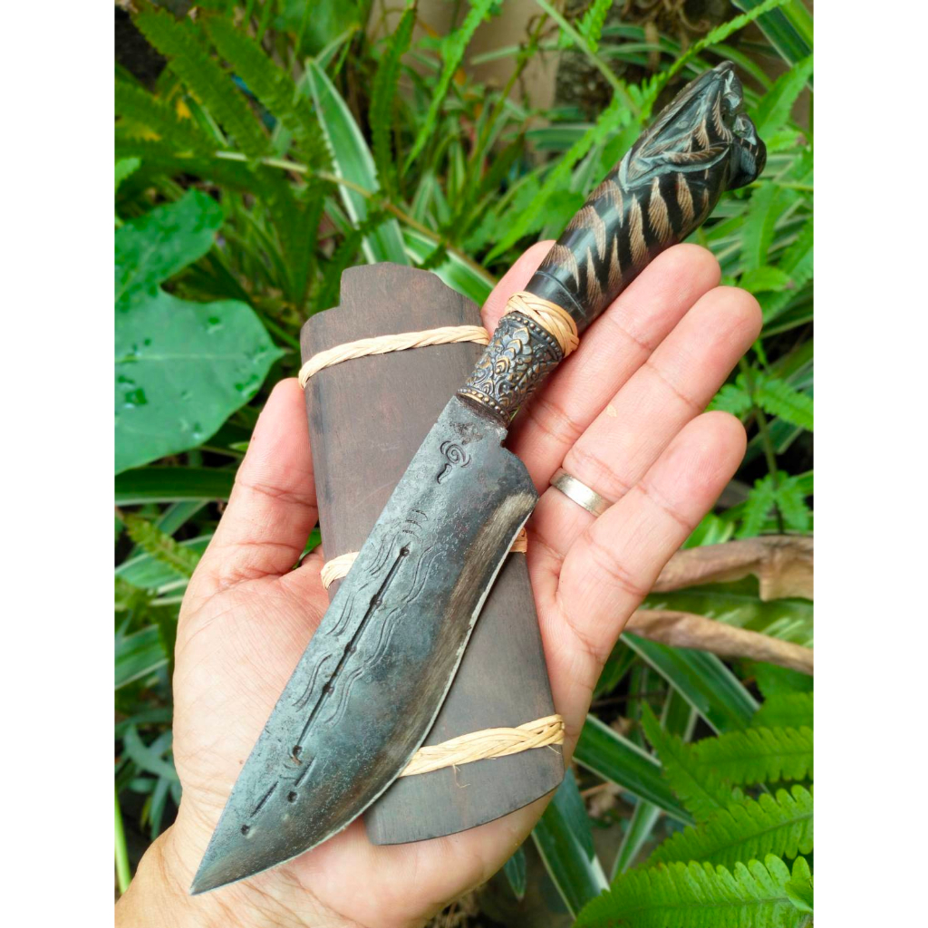มีดเหน็บ E-Nep Pocket knife มีดเดินป่า มีดแคมป์ 4.5” SUP9 ผิวไฟ ตอกลาย เซาะร่อง ด้าม ขค.แกะสลัก ...