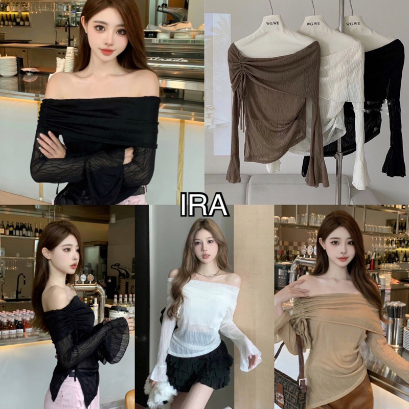 BY IRA (2379) Chiffon Tube Top เสื้อยืดแขนยาว เปิดไหล่ ผ้าตาข่าย แบบผูก ...