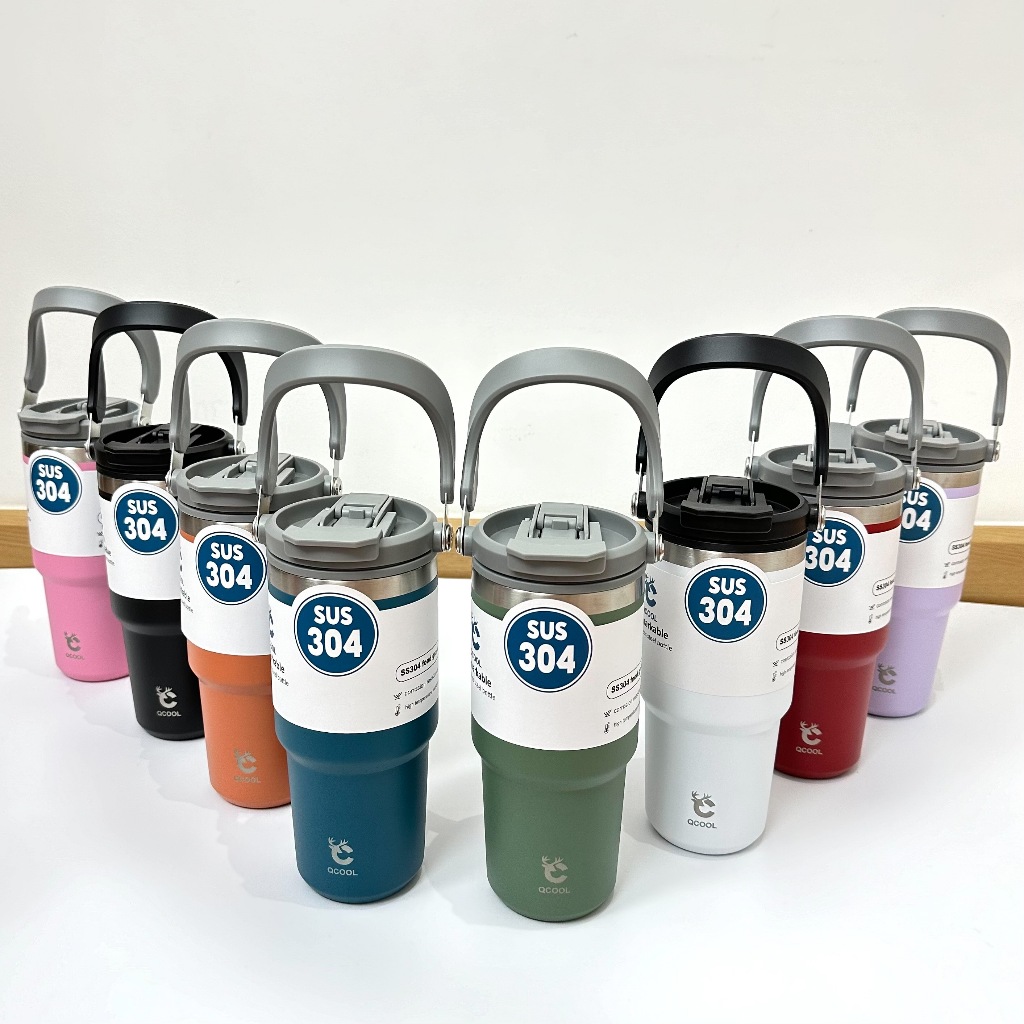 พร้อมส่ง แก้วเก็บความเย็น Qcool แบบใหม่มีที่จับ หูหิ้ว สแตนเลส304 ขนาด 750 900 1200ml (ของแท้ ...