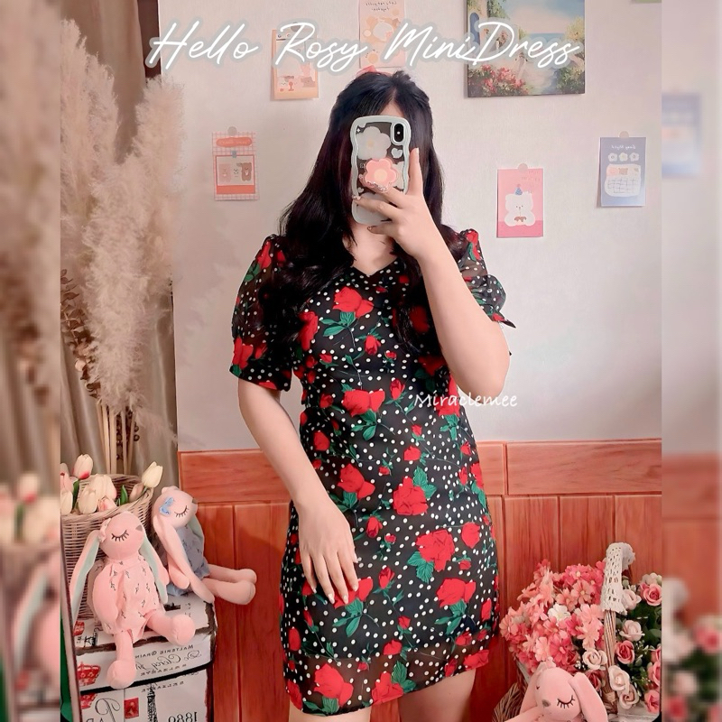 พร้อมส่ง Hello Rosy Mini Dress เด็กรสคอวี ลายดอกกุหลาบ โทนสีดำแดง แขนสั้น งานป้ายypy | Shopee ...
