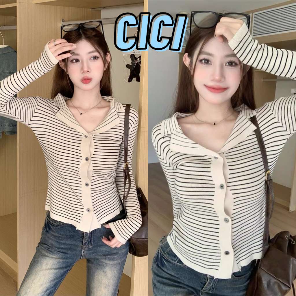 Cici(NO.C1715)Strip Top เสื้อไหมพรมแขนยาวลายทางผ้าknitt ดีเทลคอปกกระดุมผ่ากลางใส่แมตช์ง่าย ...